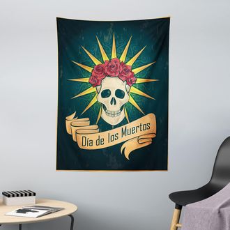 Abakuhaus Tag der Toten Wandteppich, Zuckerschädel Rosen und Dia de los Muertos Druck Grunge Style Kunst, aus Weiches Mikrofaser Stoff Wand Dekoration Für Schla