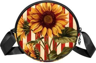 Generic Sac &agrave; bandouli&egrave;re rond pour femme, motif tournesols et rayures - Petit sac &agrave; bandouli&egrave;re avec fermeture &eacute;clair et bretelles r&eacute;glables - Style d&eacute;contra