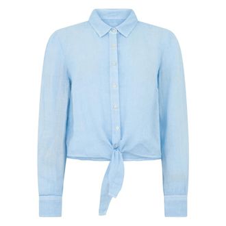 120% Lino Femme, Blouses et Chemises, Bleu, Taille: 40 FR Chemisier en lin &agrave; manches longues et imprim&eacute; floral avec &agrave; lourlet avant