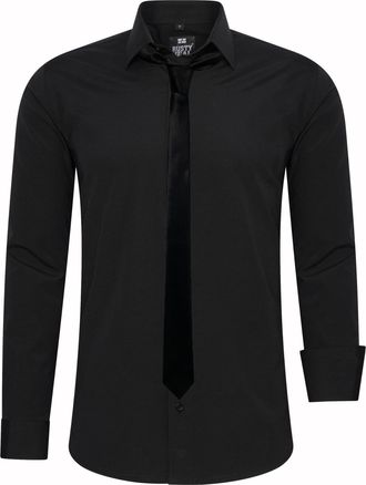 Rusty Neal Herren-Hemd Premium Slim Fit Langarm Stretch Kontrast Hemd mit Krawatte Business-Hemden Outfit Freizeithemd Set 44_99, Gr&ouml;&szlig;e:5XL, Farbe:Schwarz