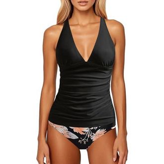 Generic Tankini Maillot De Bain Femme - Tankinis Contr&ocirc;Le du Ventre Maillot De Bain 2 Pieces Col en V Swimwear Uni Push Up Ronde Swimsuit Natation