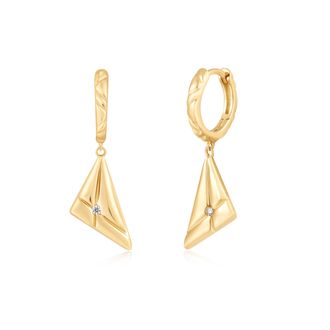 Ania Haie Damen Creolen Sunshine Chaser Triangle Kiss Drop Huggies 925 Sterling Silber 14k Gold vergoldet, besetzt mit 2 Zirkonia, Größe: 8,5 x 1,7-2,2mm, inkl.