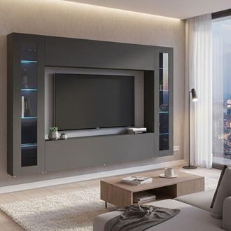 Dmora Wohnzimmerm&ouml;bel Giuliano, Wohnzimmer-Set TV-M&ouml;bel mit 4 T&uuml;ren, Mehrzweck-Wohnzimmerm&ouml;bel mit Vitrine und LED-Licht, 100% Made in Italy, cm 260x30h180,