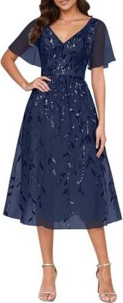 Generic Robe de soir&eacute;e formelle en tulle &agrave; paillettes pour femme Longueur th&eacute; M&egrave;re de la mari&eacute;e, bleu marine, 34