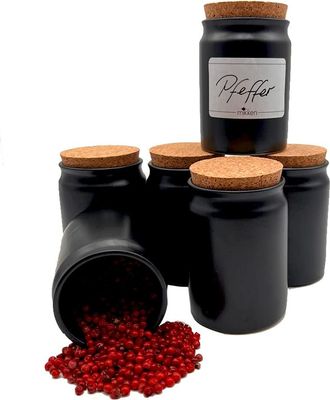 mikken Art 6x Gewürzglas mit Korken schwarz rund 200 ml Gewürzdose aus Keramik Steinzeug mit Etiketten