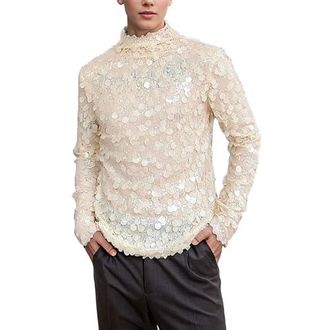 Generic Tee-Shirt Homme- T-Shirt &agrave; Manches Longues pour Homme Orn&eacute; De Perles Et De Couleurs Vives Col Montant Chic