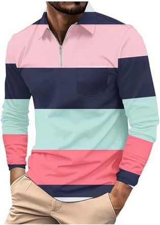 Generic Polo &agrave; manches longues pour homme avec poche zipp&eacute;e et rayures, Polos roses &agrave; manches longues pour hommes, L