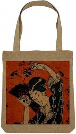 Fabulous Sac Shopping Tote Bag Aspect Lin - Geisha Motif Rouge Illustration Japon Traditionel - Sac de Courses Toile Epaisse 360g Beige Naturel Cabas Port&eacute; Epa