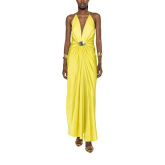 Simona Corsellini Femme, Robes, Vert, Taille: 40 FR Robe Longue Asym&eacute;trique &agrave; Col Am&eacute;ricain en Satin