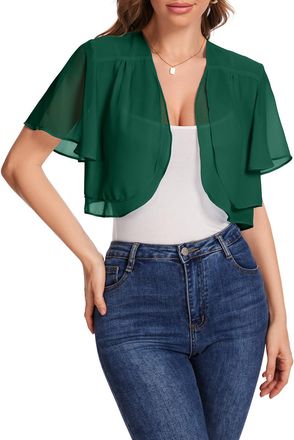 Bbonlinedress Bolero Damen festlich gr&uuml;n Chiffon elegant Kurzarm Casual Sommer Bolerojacke Offene Vorderseite Schulterjacke Dark Green 2XL