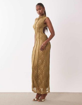 Asos Robe longue droite &agrave; empi&egrave;cements en dentelle - Bronze-Brown