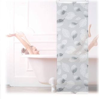 Relaxdays Duschrollo, 60 x 240 cm, Blatt Muster, Seilzug, Flexible Montage, Duschvorhang f&uuml;r Badewanne, schwarz-wei&szlig;