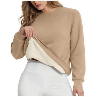 Generic Pull Femme Hiver Chic et &eacute;l&eacute;gant Couleur Unie D&eacute;contract&eacute; Sweatshirts col Rond Ample Pullover Mode Manche Longue Pull Femme Chaud Doubl&eacute; Tops Kaki