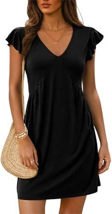 Generic Robe de plage d&eacute;contract&eacute;e &agrave; manches courtes et col en V profond pour femme, Noir, XL