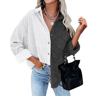 Generic Chemise boutonnée en flanelle à manches longues avec une poche pour femme, Blanc (gris), XXL