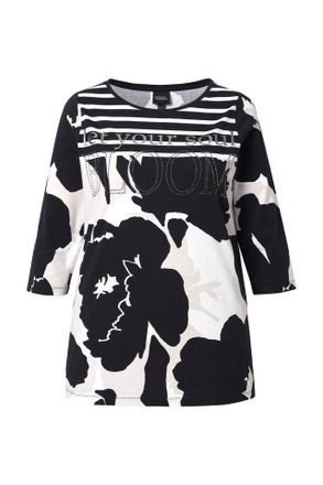 Ulla Popken Longsleeve Shirt Bl&uuml;ten Ziersteine U-Boot-Ausschnitt 3/4-Arm