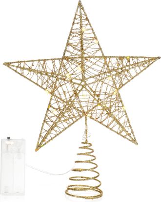 Com-Four LED Deko Stern Weihnachten - Weihnachtsdekoration Stern mit LED und Timer - Aufsteller Weihnachtsstern mit Pailletten (goldfarben/25cm)