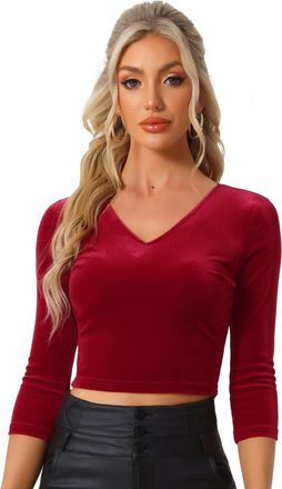 Allegra K Damen Samtbluse V-Ausschnitt 3/4 &Auml;rmel Solid Saree Crop Top, rot, XS