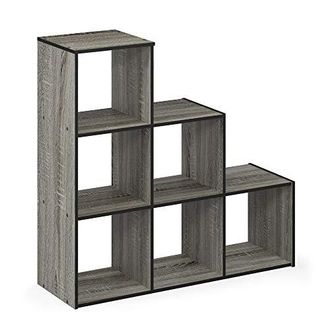 Furinno Pelli kubischer Aufbewahrungsschrank mit 6 F&auml;chern, holz, Franz&ouml;sische Eiche Grau/Schwarz, 30 x 92.51 x 91.11 cm