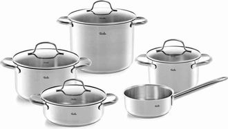 FISSLER San Francisco/Edelstahl-Topfset, 5-teilig, Kochtopf-Set, Töpfe mit Glas-Deckel, Induktion (3 Kochtöpfe,1 Bratentopf 1 Stielkasserolle) - Induktion