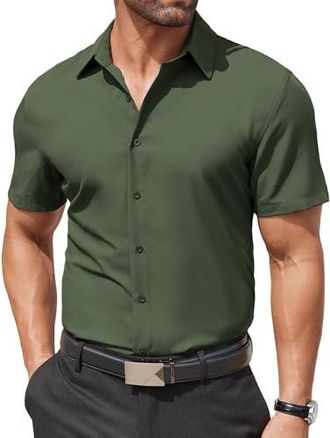 Coofandy Chemise Habillée à Manches Courtes pour Hommes Chemise daffaires Unie Chemise Formelle Extensible Chemises Boutonnées Chemises de Mariage Vert foncé S