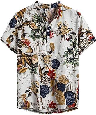 Generic Chemise hawa&iuml;enne pour homme &agrave; manches courtes imprim&eacute;e, en coton, col en V, bouton d&eacute;contract&eacute;, pour printemps, &eacute;t&eacute;, vacances, imprim&eacute; coupe droite 2