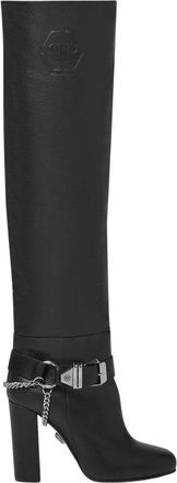 Philipp Plein Femme, Chaussures, Noir, Taille: 37 EU Bottes en cuir &agrave; talons hauts et hexagones en relief