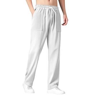 Generic Pantalon en lin pour homme, jambe droite, d&eacute;contract&eacute;, cordon de serrage, coupe ample, pantalon de yoga, l&eacute;ger, taille &eacute;lastique, coupe d&eacute;contract&eacute;e, 