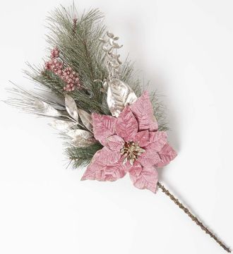 Homescapes Weihnachtsdeko-Gesteck, 71 cm gro&szlig;er k&uuml;nstlicher Kiefernzweig mit rosa Christstern & goldenen Bl&auml;ttern und Beeren