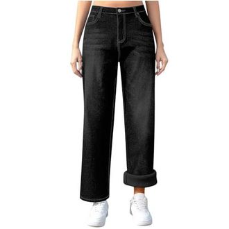 Generic Pantalon d&eacute;contract&eacute; doubl&eacute; en polaire pour femme - Taille haute - Extensible - Jambe droite - Pantalon en jean chaud pour lhiver, Noir, XXL