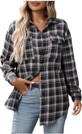 Generic Hauts à manches longues pour femme - Col en V - Col en V - Décontracté - Lâche - Chemisier à carreaux pour femme, Z05-noir, L