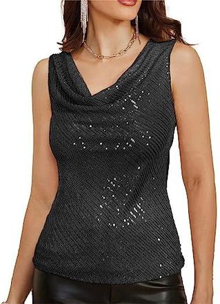 Grace Karin Femmes Haut à Paillettes sans Manches Col Bénitier Soirée Fête Blouse Brillante Extensible Doublée