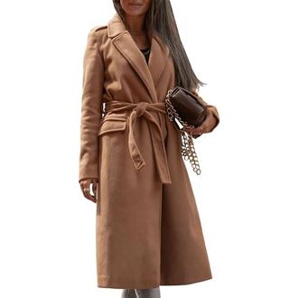 Generic Manteau long classique pour femme avec col &agrave; revers ouvert sur le devant et ceinture - Veste dhiver chaude avec poches, kaki, XXL