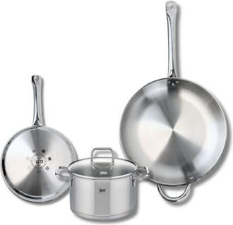 Fackelmann ELO 9504950 Batterie de cuisine 3 pièces, Ensemble de 2 Poêles de cuisson 24 et 32 cm et 1 faitout 20 cm Elo Profi Citrin, inox, induction