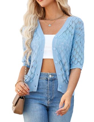 Grace Karin Elegante Hellblau Bolero Damen V-Ausschnitt Casual Strickjacke Cardigan mit Knopf Hellblau S