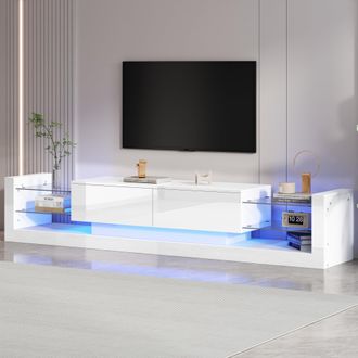 Generic TV-Schrank Wei&szlig; mit LED, Lowboard stehend 180 cm lang f&uuml;r Fernseher bis 80 Zoll mit Hochglanz-Front und Glasfront, Fernsehtisch mit 2 Klappschubladen 