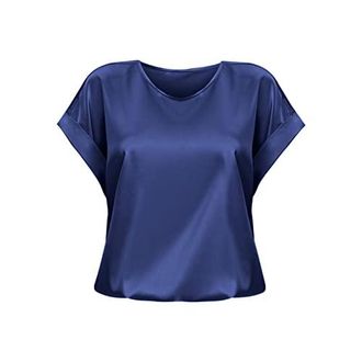 Generic Haut &agrave; manches courtes pour femme, t-shirt d&eacute;contract&eacute; &agrave; manches enroulables, chemisier d&eacute;t&eacute; l&eacute;ger en satin, haut ample, couleur unie, col rond, chemi