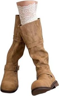 ORANDESIGNE Bottes Hautes Femme Similicuir Style Western Boucles D&eacute;coratives Talon Plat Confort Vintage Automne Hiver Chaussures Mode A Cachi 43 EU