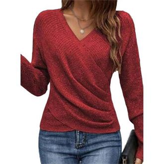 Generic Pull &eacute;l&eacute;gant en tricot &agrave; col en V et crois&eacute; pour femme - Haut fronc&eacute; - Pour lautomne et lhiver., bordeaux, XXL