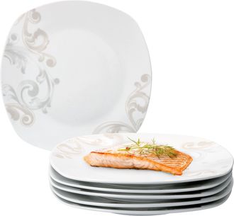Van Well | 6er Set Speiseteller Festivo | 25.5 x 25.5 cm | gro&szlig;er Essteller | Servier-Platte f&uuml;r Men&uuml;-Beilagen | Porzellan-Geschirr festlich | Blumen-Ranke