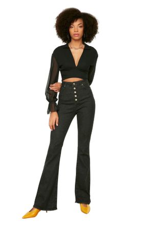 Trendyol Damen Trendyol R Frontknopf mit Hoher Taille Flare-jeans Jeans Palazzo, Schwarz, 34