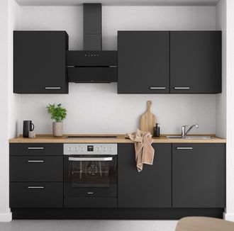 Nobilia home24 Küchenzeile High-Line Touch Variante C 240cm Ausrichtung links Schwarz/Schwarz/Eiche Sierra Dekor ohne Elektrogeräte