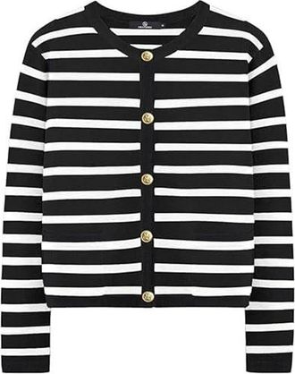 Generic Cardigan ray&eacute; &agrave; col rond pour femme, manches longues en tricot l&eacute;ger avec poches, noir/rayures, XL