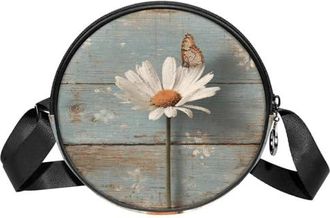 Generic Sac &agrave; bandouli&egrave;re rond pour femme, motif marguerites et papillons r&eacute;tro avec fermeture &eacute;clair et bretelles r&eacute;glables