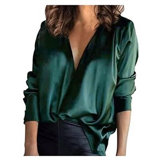Generic T-shirt long &agrave; manches longues sexy en satin pour femme - Col en V - &Eacute;l&eacute;gant - Tunique daffaires extravagante - Pull &eacute;l&eacute;gant - Chemise &agrave; manches court