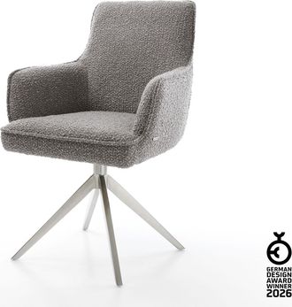 DELIFE Drehstuhl Heira-Flex mit Armlehnen Boucl&eacute; Silbergrau Kreuzgestell breit Edelstahl 360&deg; drehbar Wippfunktion Taschenfederkern, Esszimmerst&uuml;hle
