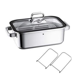 WMF Vitalis Compact Dampfgarer, Br&auml;ter Induktion, 35x21,5x10 cm, Auflaufform 3,5l, Glasdeckel Silikonrand, Thermometer, Garblech, Cromargan Edelstahl unbe