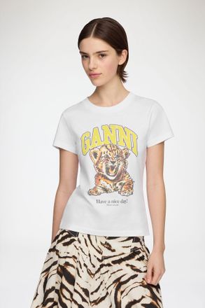 Ganni T-shirt &agrave; imprim&eacute; tigre Baby Fit Blanc Coton biologique - Taille S - Pour Femme