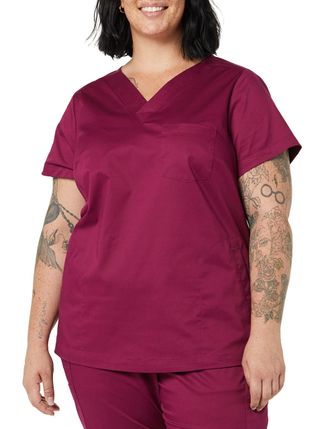 Amazon Essentials Damen Klassisch geschnittenes Scrub-Top mit V-Ausschnitt und kurzen Ärmeln (erhältlich in Übergrößen), Pflaume, XXL Große Größen