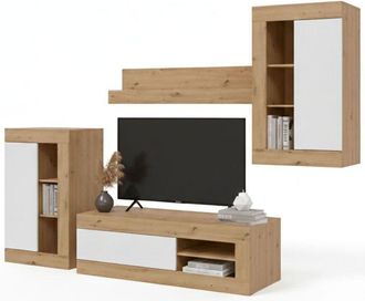 Dmora Dmora Einbaufertige Wand Oakland, TV-St&auml;nder f&uuml;r Wohnzimmer, Wohnzimmerkomposition mit 3 H&auml;ngeschr&auml;nken und 1 Regal, cm 270x35h113, Eiche und Wei&szlig;